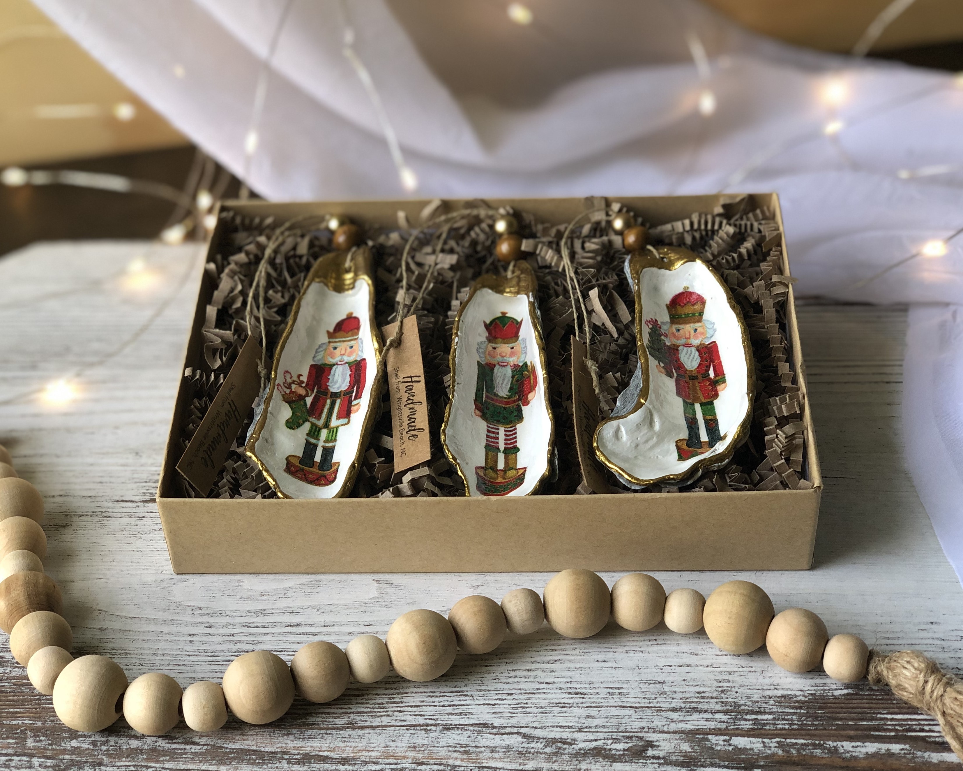 Nutcracker decoupage oyster shell Christmas ornament